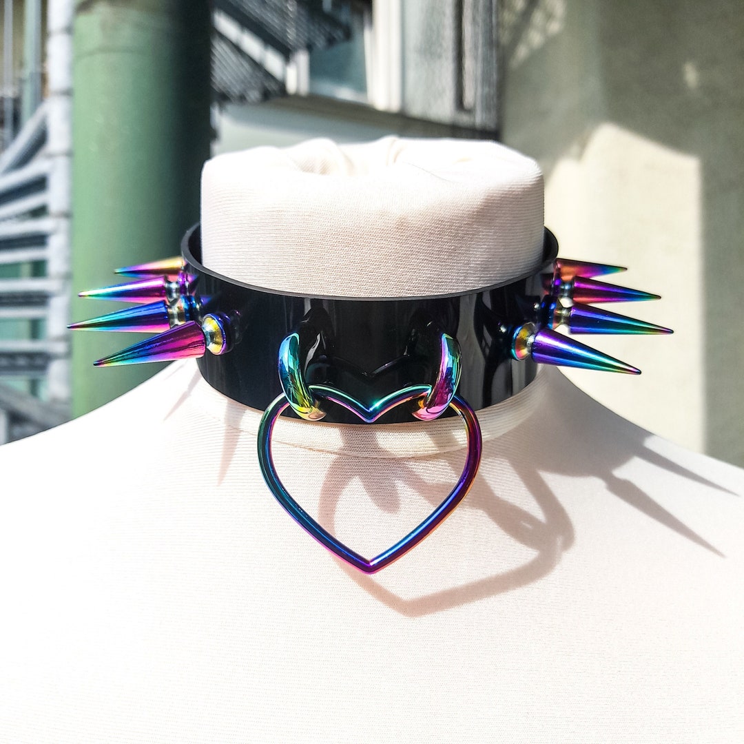 Rainbow Spiked Collar Heart Ring Choker Necklace in Black Vegan Leather PVC Etsy