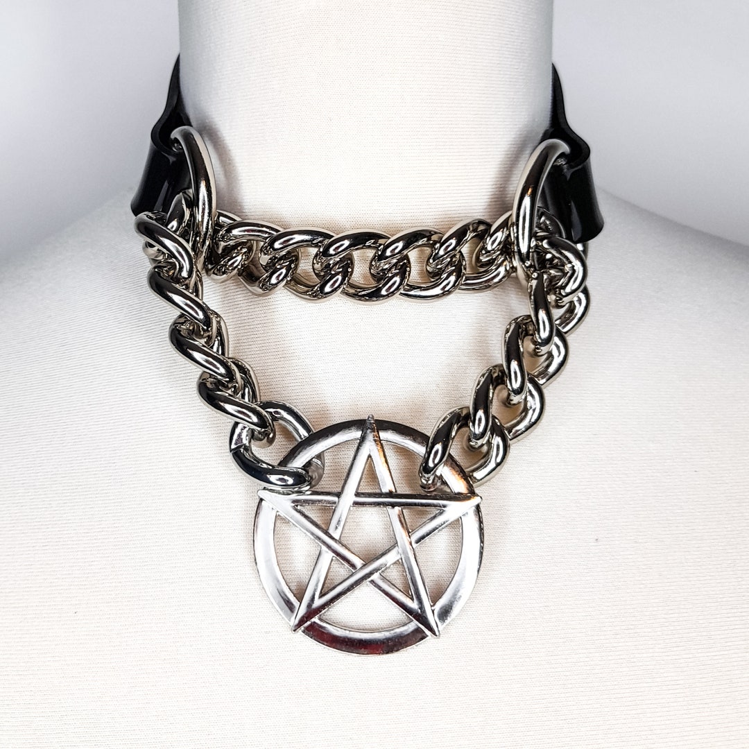 Pentagram Pentacle Martingale Collar Choker Gothic Silver Chain ...