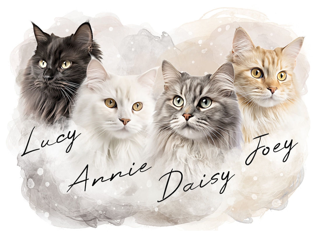 Multiple Cats Custom Portrait, up to 4 Pets, Dog Portrait Digital Cat ...