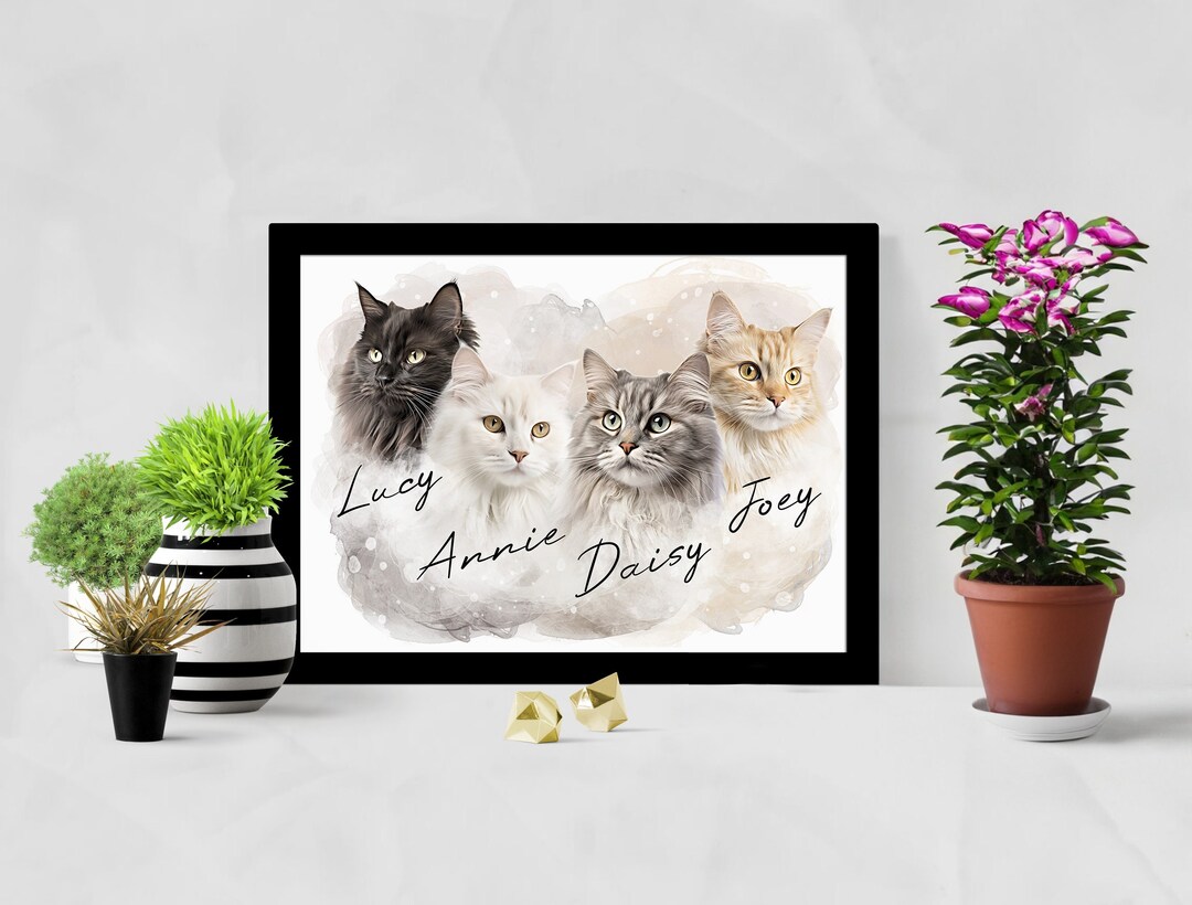 4 Pets Portrait, Multiple Cats, Dog Portrait Custom, Digital Cat ...