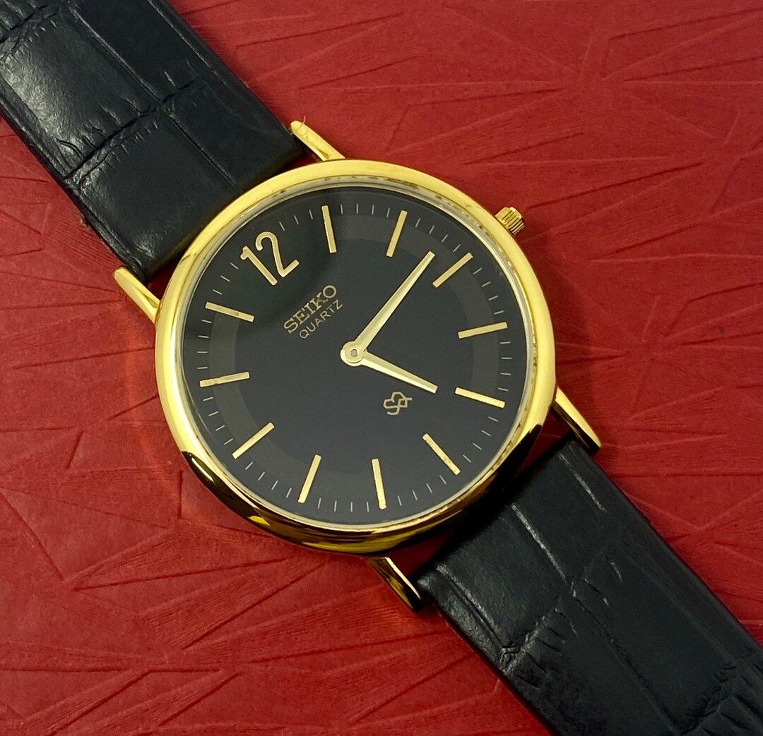 Seiko Slim Quartz Watch Round Shape Japanese Black Dial Men's Wrist ...