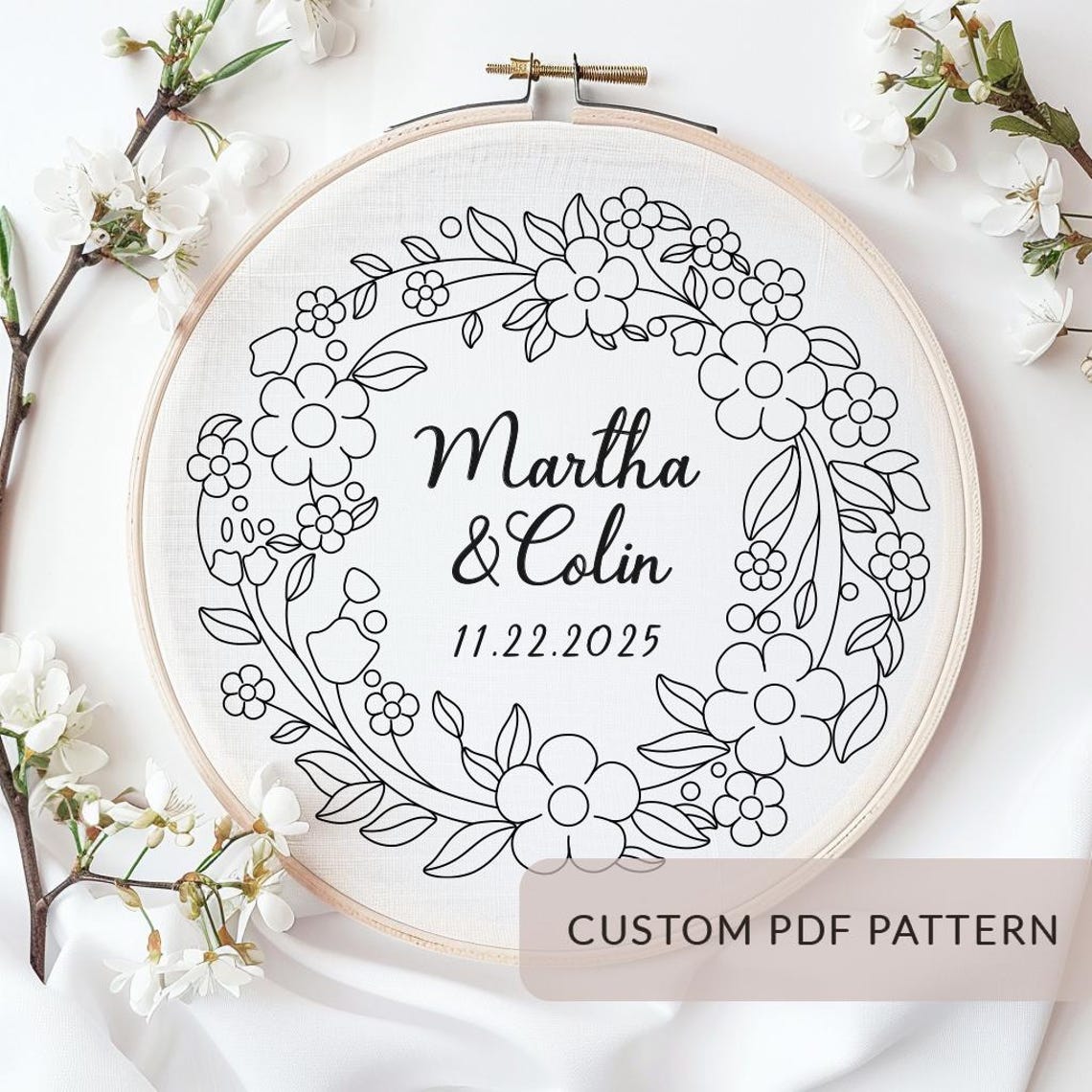 Personalized Wedding Wreath Embroidery Pattern PDF • Custom Names ...