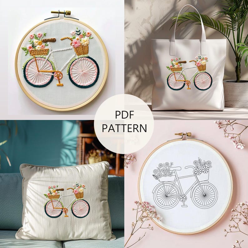 Cute Bicycle Hand Embroidery PDF Pattern Bike With Basket Flowers ...