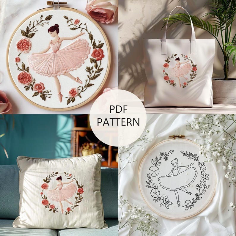 Dancing Ballerina Embroidery Pattern Elegant Romantic Floral Hand ...