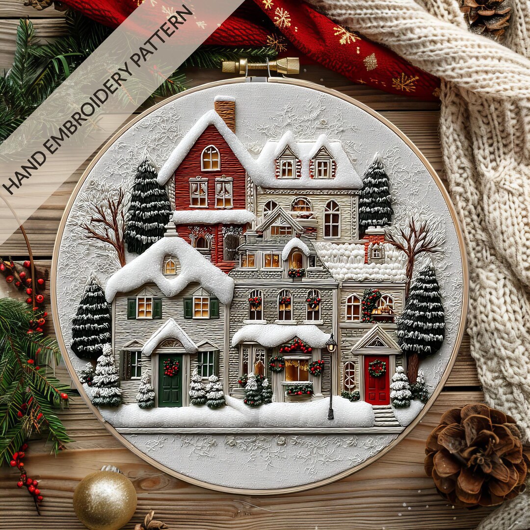 Christmas Village Hand Embroidery Pattern PDF | Snowy Winter Houses ...