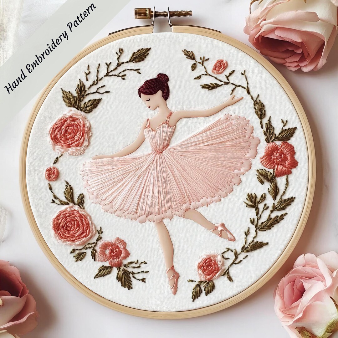 Dancing Ballerina Embroidery Pattern Elegant Romantic Floral Hand ...
