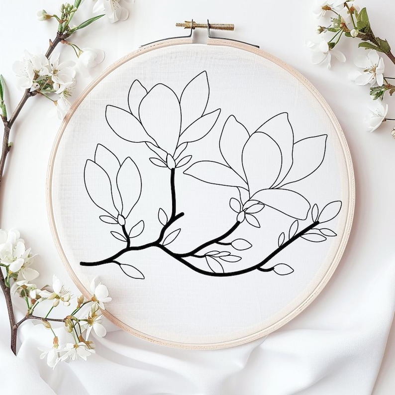 Magnolia Blossom Hand Embroidery, Floral Wall Art in Hoop, Botanical ...