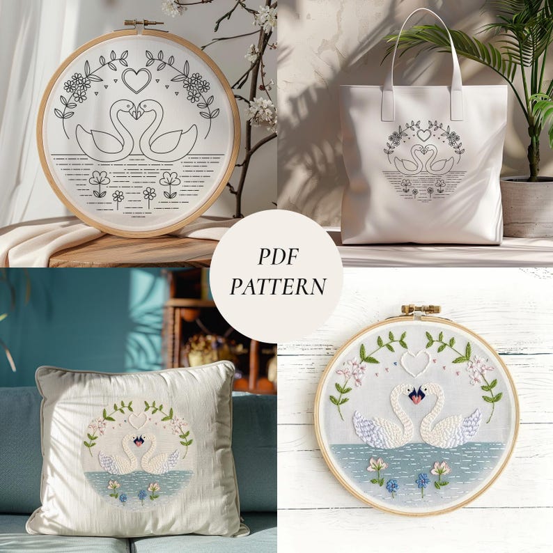 Swan Hand Embroidery PDF Pattern Pair of Swans With Heart Digital ...
