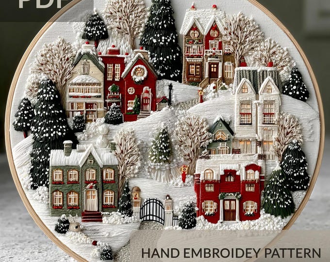 Christmas Village Hand Embroidery Pattern PDF | Snowy Winter Houses ...