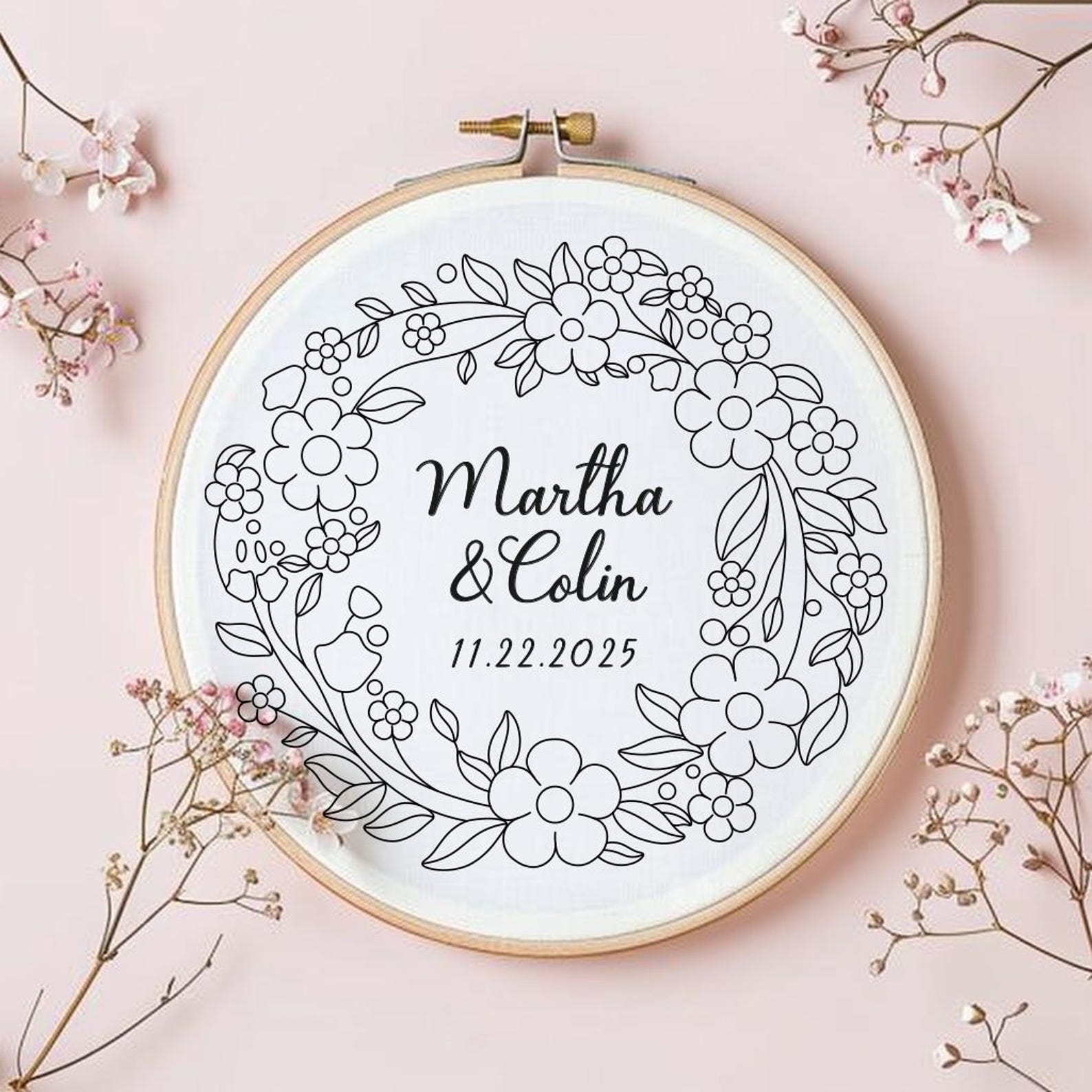 Personalized Wedding Wreath Embroidery Pattern PDF • Custom Names ...