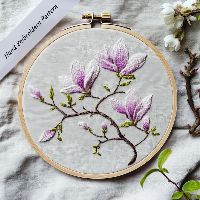Magnolia Blossom Floral Wall Décor, Hand Embroidery Hoop Art, Botanical ...