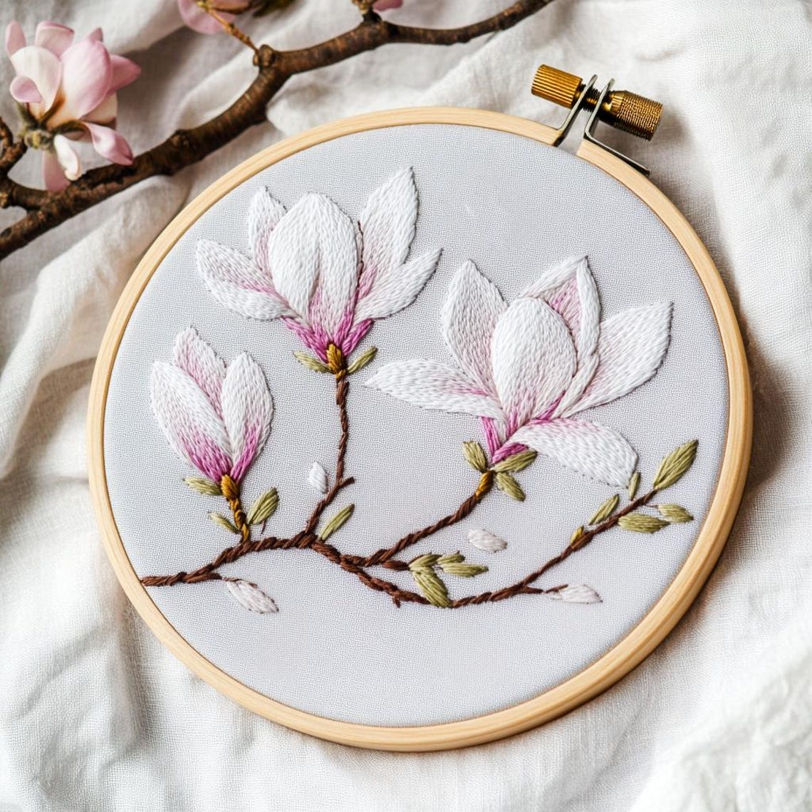 Magnolia Blossom Hand Embroidery, Floral Wall Art in Hoop, Botanical ...
