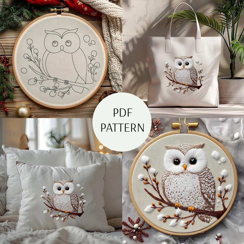 Owl Hand Embroidery PDF Pattern, Cute Owl Digital Pattern, Winter ...