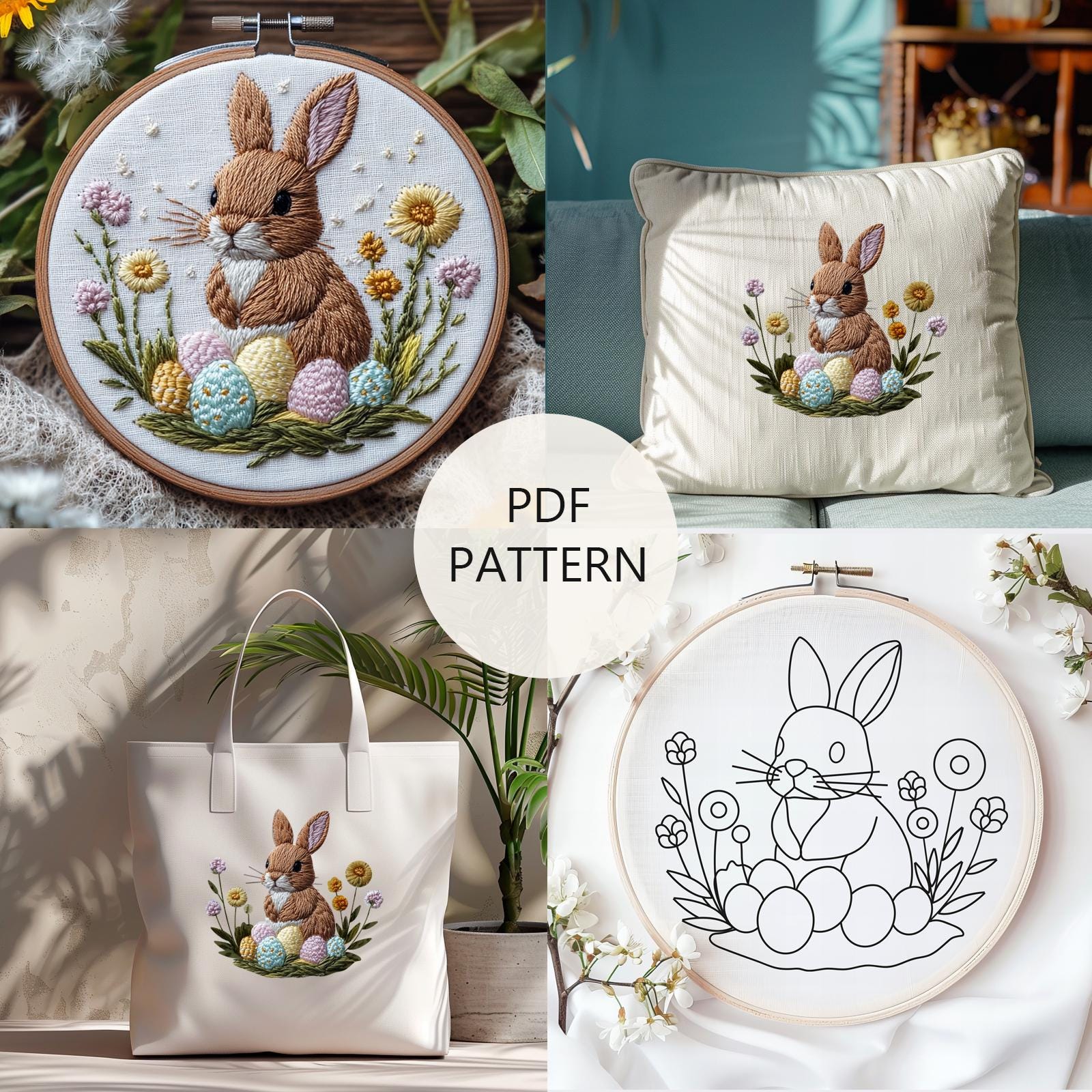 Cute Bunny Embroidery Pattern Easter Rabbit Hand Embroidery Modern ...