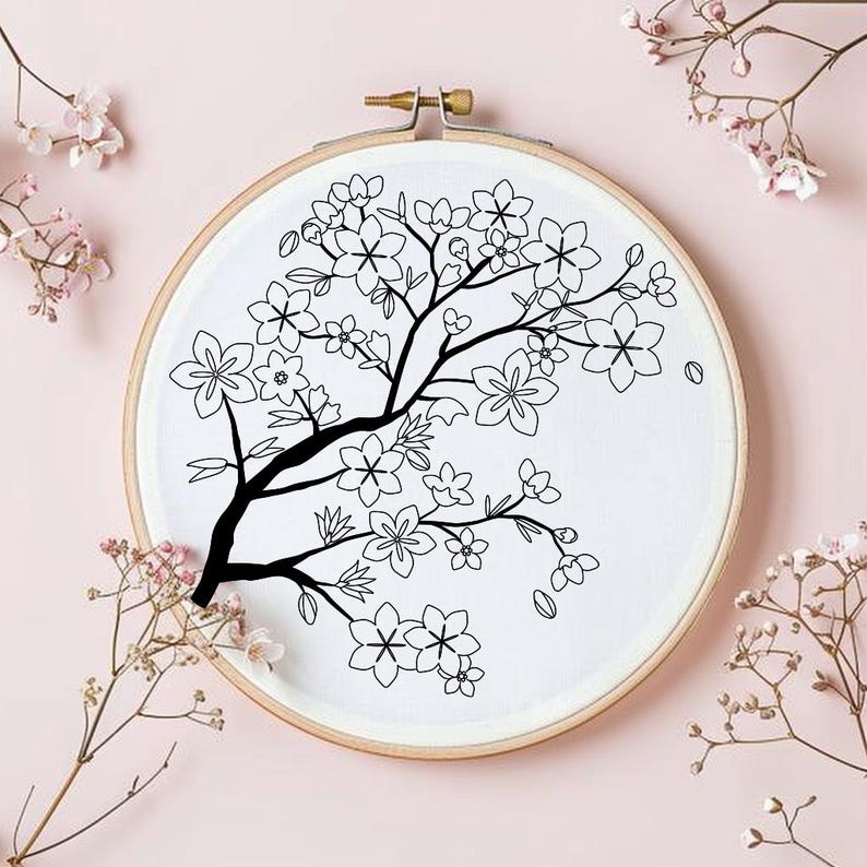 Japan Sakura Cherry Blossom Branch Embroidery Pattern 3, Coloring Page ...