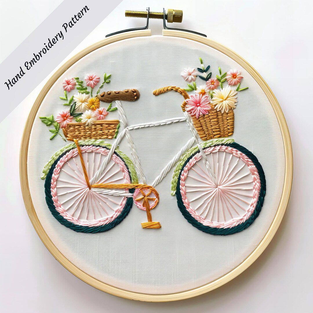 Cute Bicycle Hand Embroidery PDF Pattern Bike With Basket Flowers ...