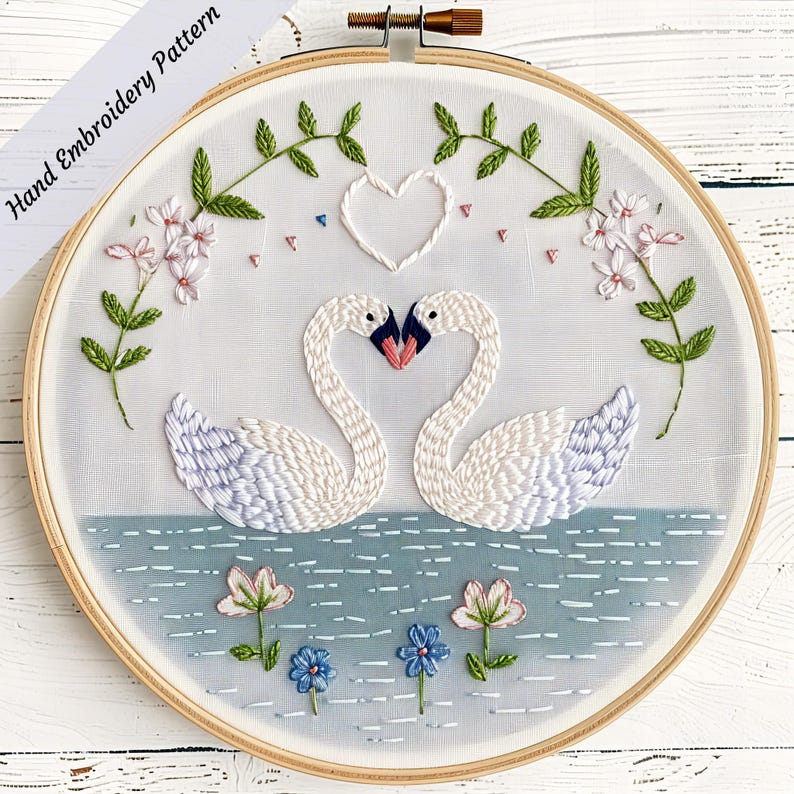 Swan Hand Embroidery PDF Pattern Pair of Swans With Heart Digital ...