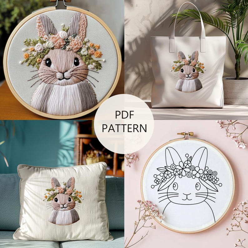 Cute Bunny Embroidery Pattern Easter Rabbit Hand Embroidery Modern ...