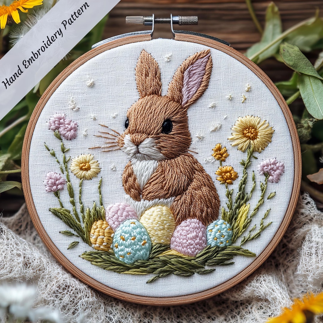 Cute Bunny Embroidery Pattern Easter Rabbit Hand Embroidery Modern ...