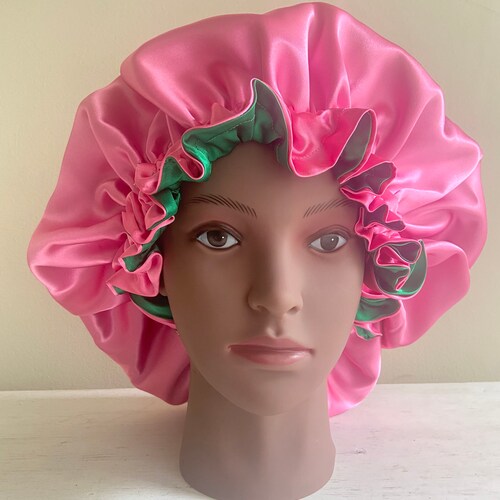 Oversized Reversible Pink and Green Hair Bonnet | Etsy