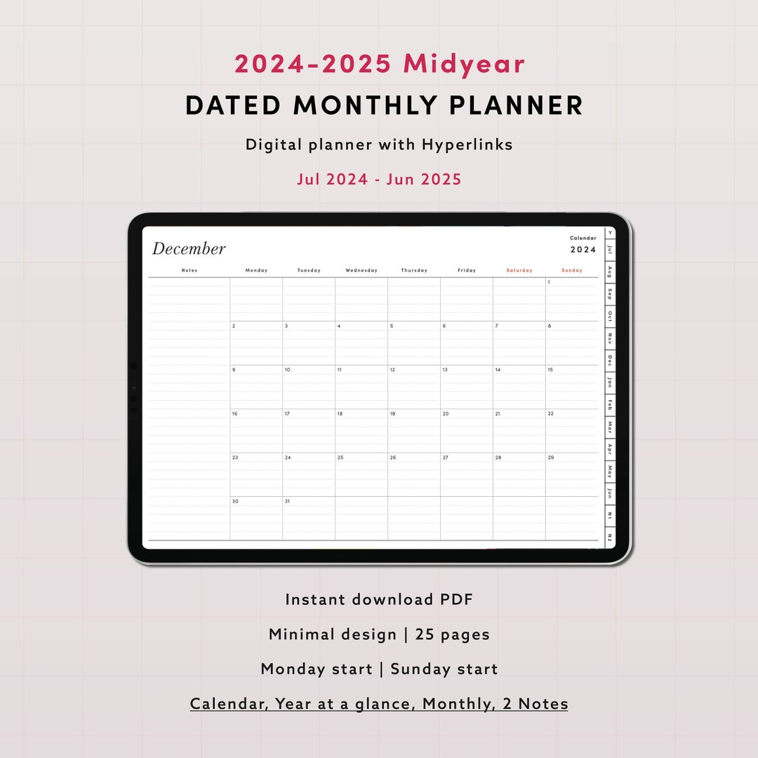 2024-25 Mid Year Dated Monthly Digital Planner Minimal Digital Monthly ...