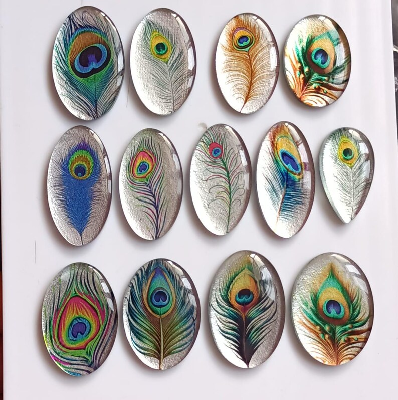 Peacock Feather Glass Cabochons – Oval Dome Jewelry Making, 13 Piece ...