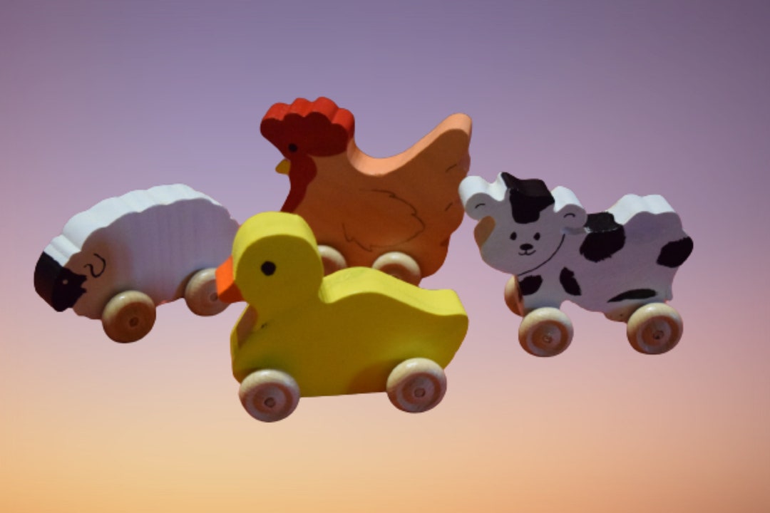 Super Cute Wooden Backyard Animals on Wheels Hen, Cow, Sheep and Duck ...