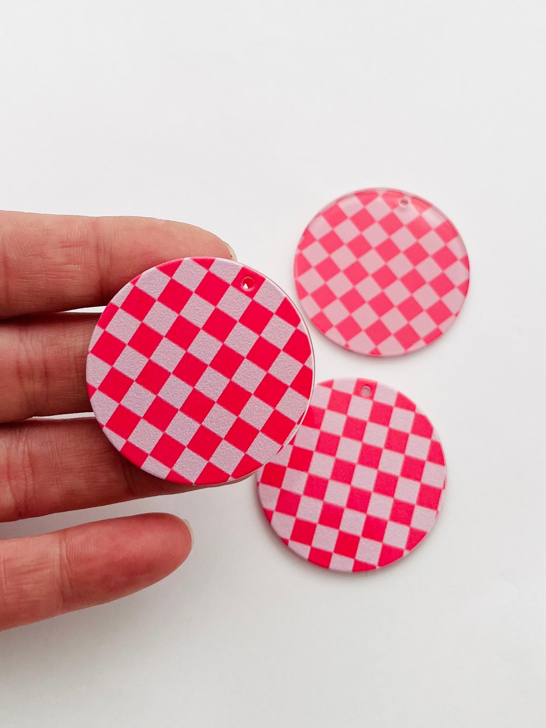 3pc Pink Checkered Round Circle Pendants Gloss Finish - Etsy