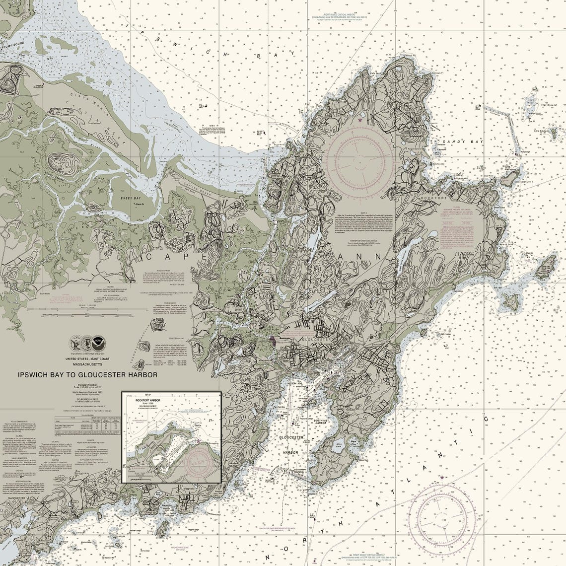 Cape Ann Massachusetts Nautical Chart - Gloucester Harbor, Ipswich Bay ...
