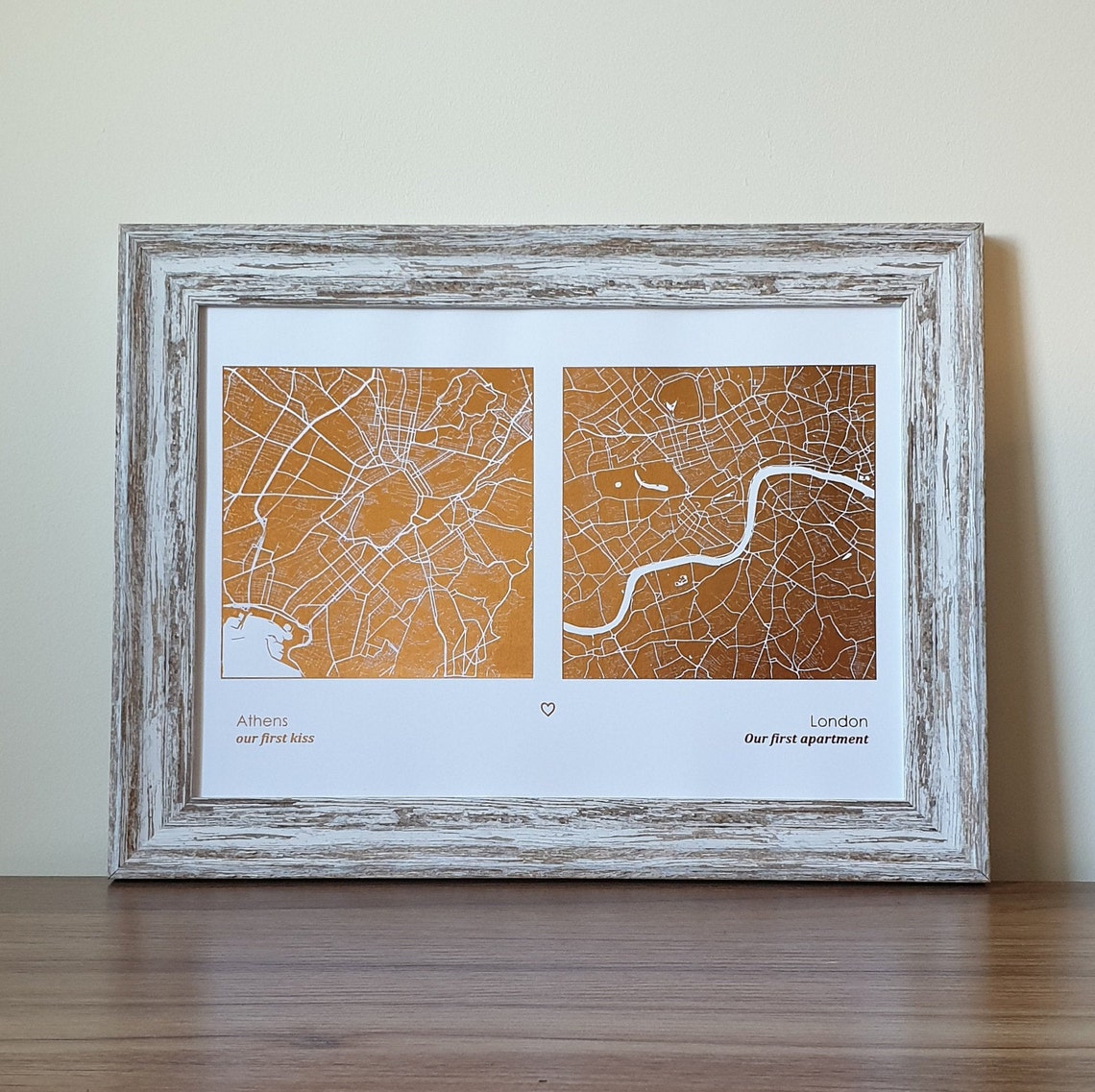 A4 Any Two Locations Metallic Map Print, Custom Multi Location Foil Map ...