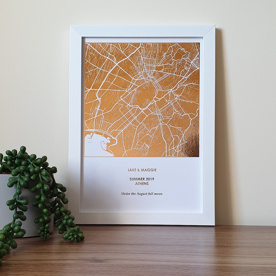 A4 Custom Foil Map Print of Any Location, Personalised Copper, Gold ...