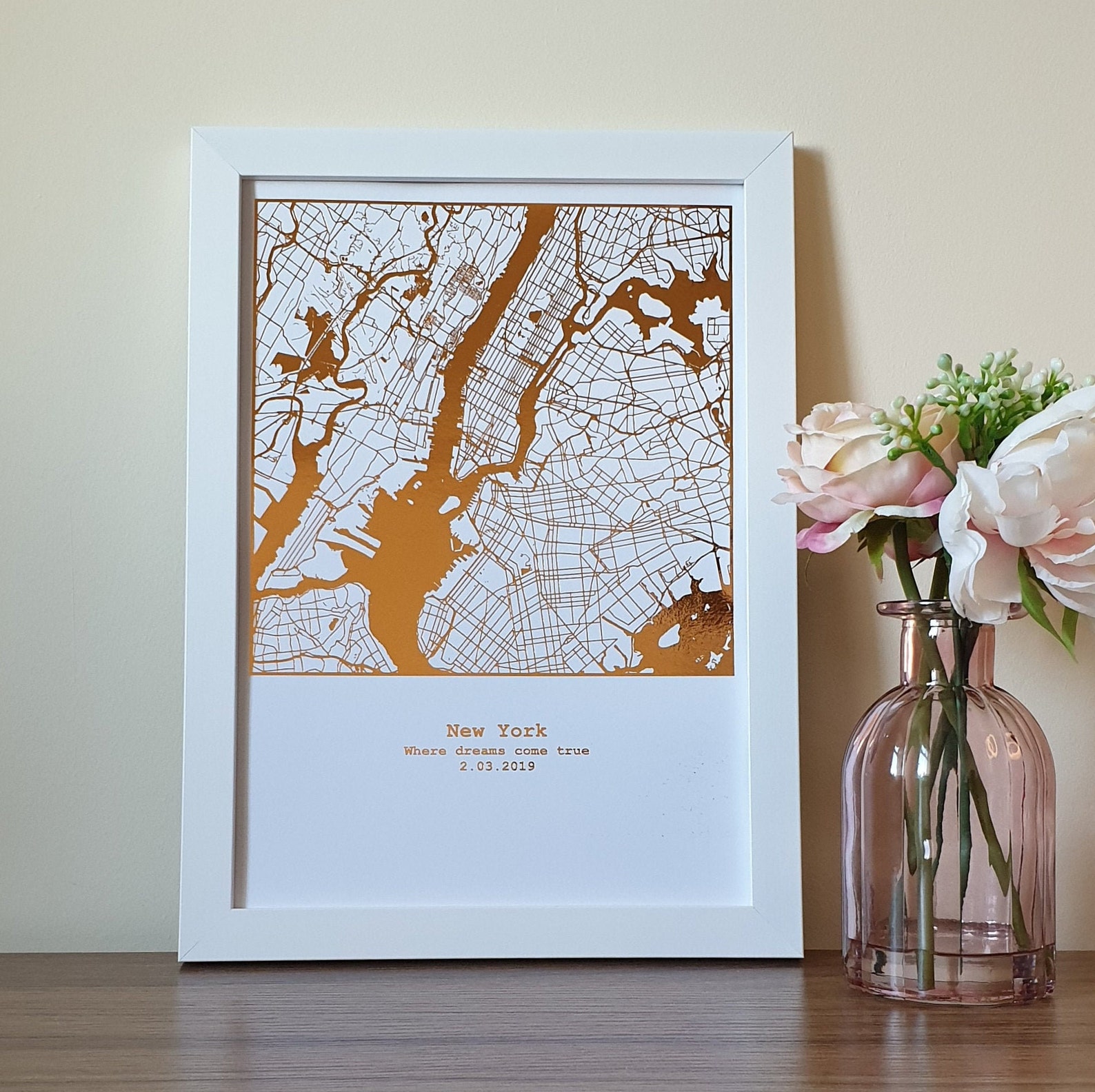 A4 Custom Foil Map Print of Any Location, Personalised Copper, Gold ...