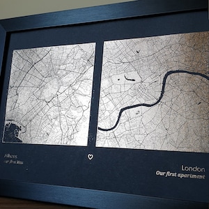 A4 Any Two Locations Metallic Map Print, Custom Multi Location Foil Map ...