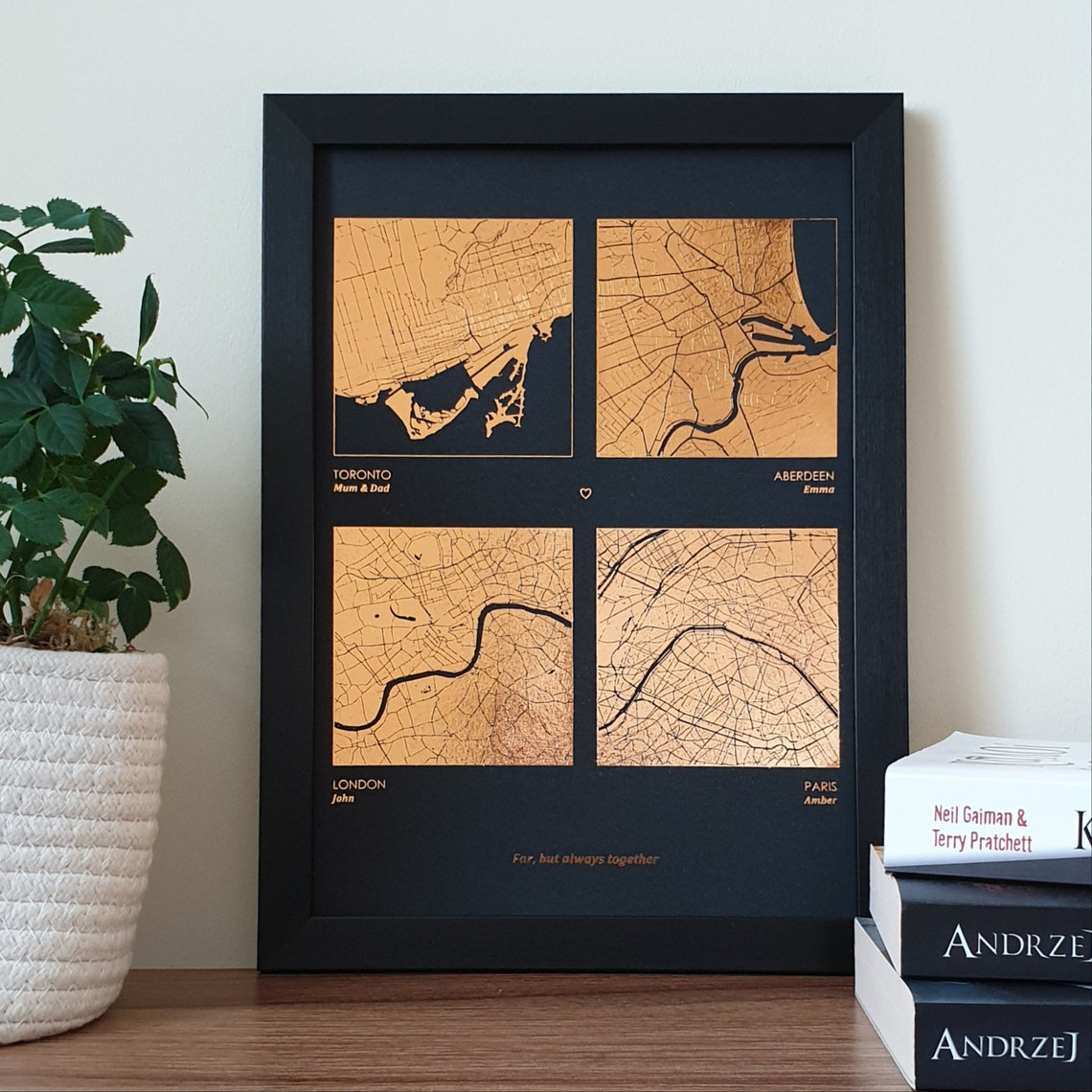 A4 Any Four Locations Metallic Map Print, Custom Multi Location Foil ...