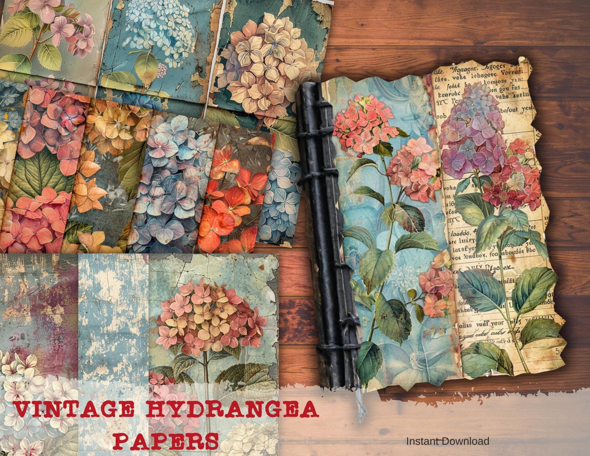 Vintage Hydrangea Junk Journal Printable Papers, Vintage Junk Journal Pages, Scrapbooking Papers ...