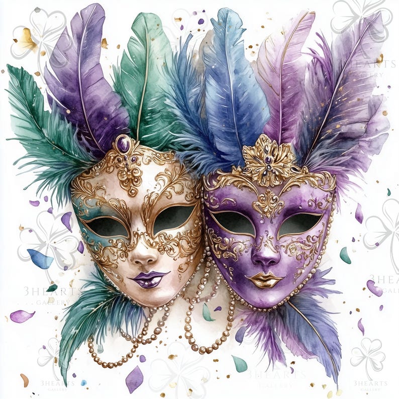 20 Mardi Gras Masquerade Masks Pearls Feathers Clipart, DIY Watercolor ...