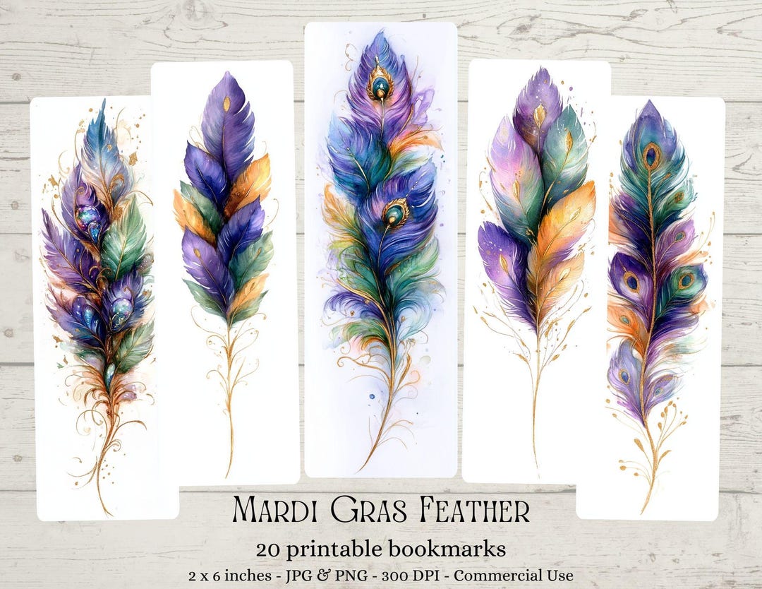 Mardi Gras Feather Printable Bookmarks, 20 Watercolor Reading Accessory ...