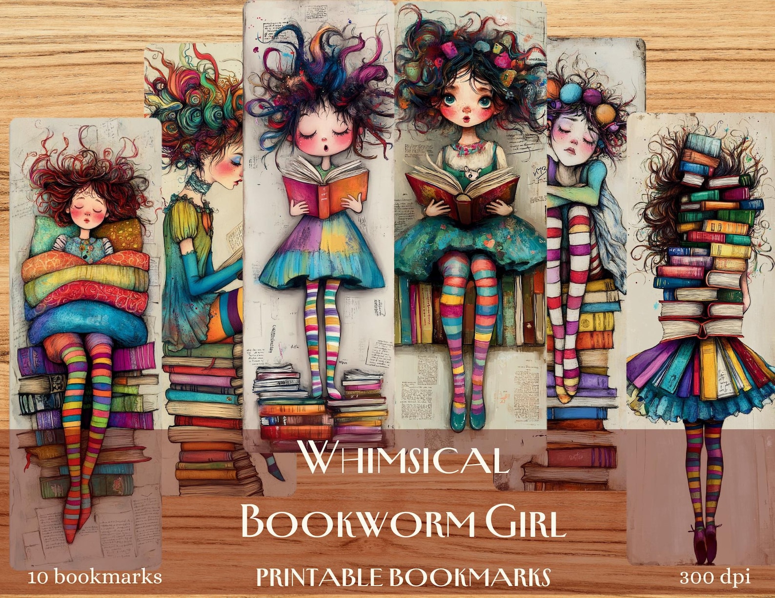 10 Whimsical Bookworm Girl Printable Bookmarks, Digital Download JPG ...