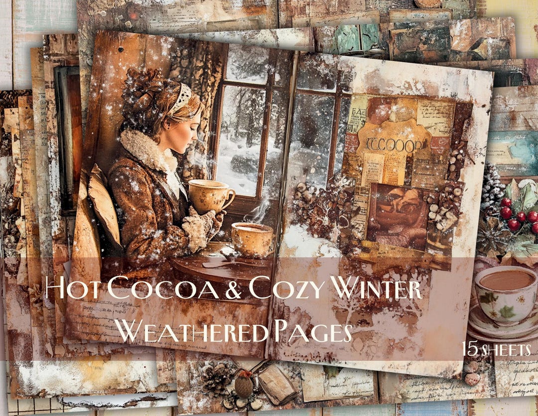Hot Cocoa & Cozy Winter Junk Journal Pages, Vintage Ephemera, Scrapbook ...