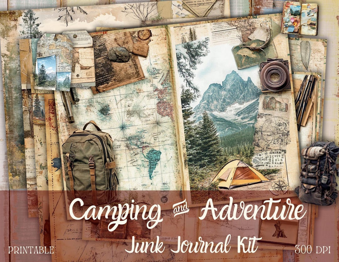 Camping Junk Journal Kit, Digital Scrapbook Paper Kit, Travel Printable ...