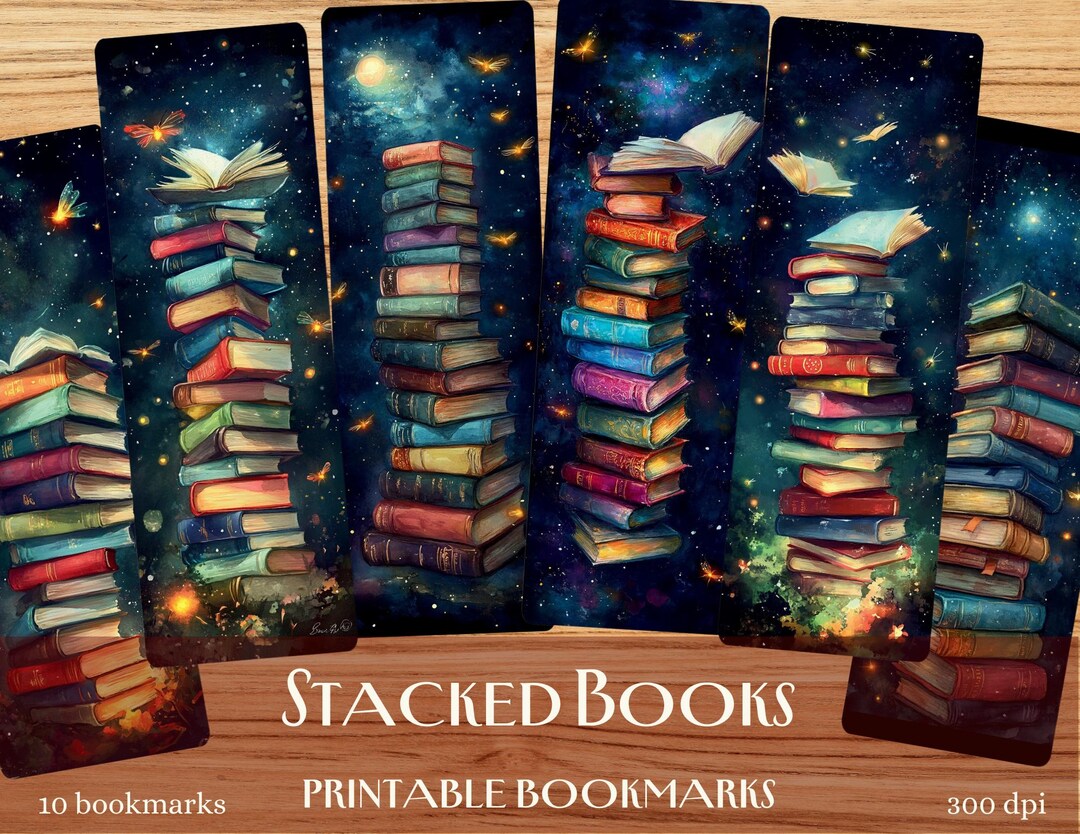 Stacked Books Printable Bookmarks, 10 JPG Whimsical Night Stacked Books ...