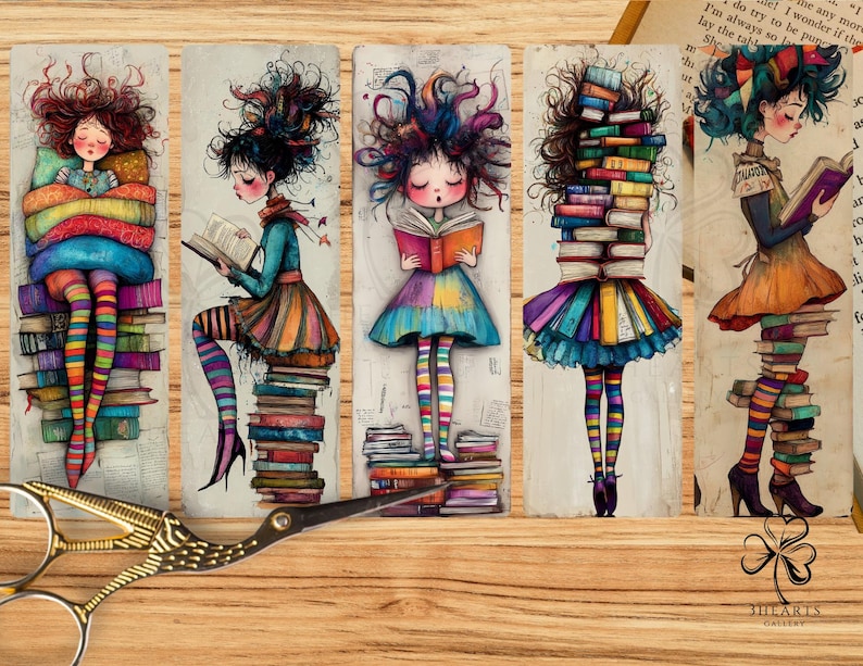 10 Whimsical Bookworm Girl Printable Bookmarks, Digital Download JPG ...