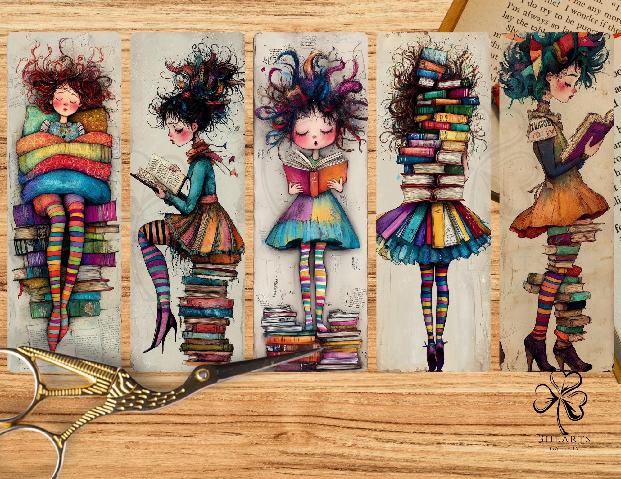 10 Whimsical Bookworm Girl Printable Bookmarks, Digital Download JPG ...