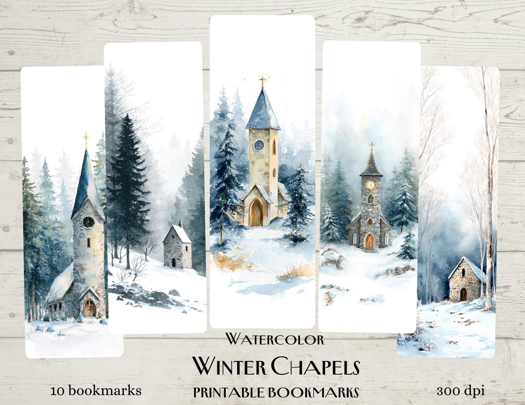 Winter Scenery Printable Bookmarks: Watercolor Winter Chapels Digital ...