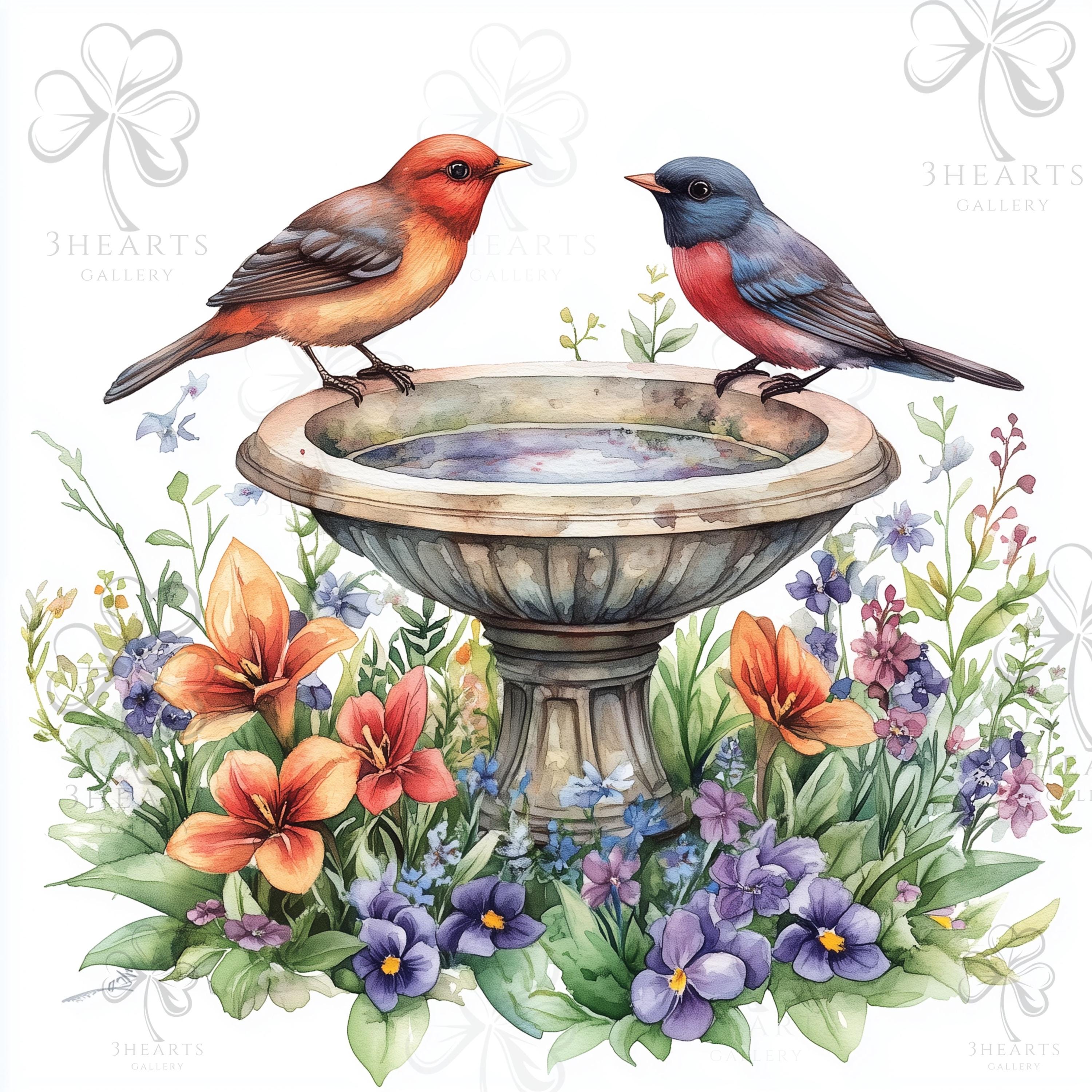 12 Spring Birdbath Clipart | Animal Birds Easter Printable Watercolor ...