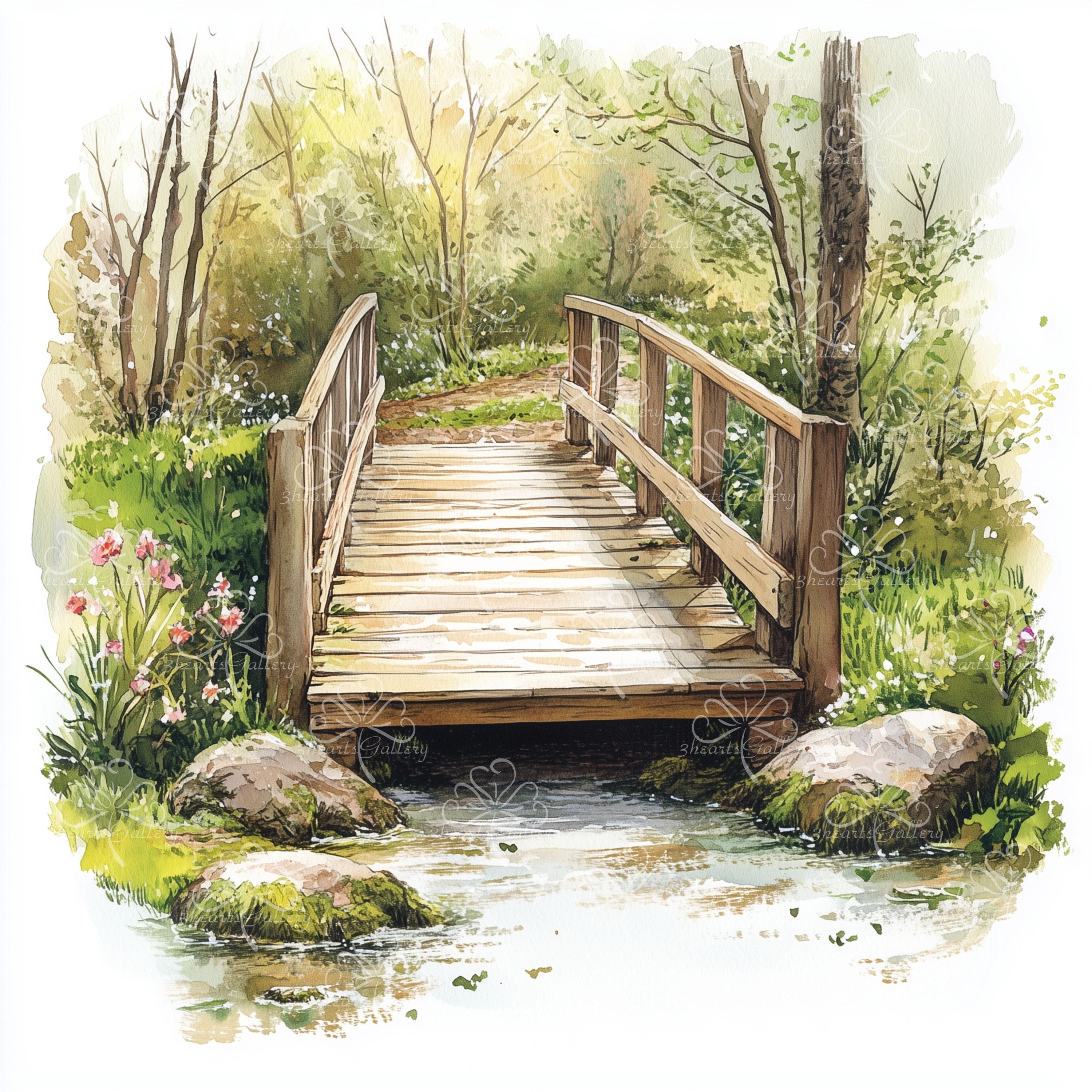 18 Wooden Footbridge Clipart | Spring Bridge Illustration Design ...