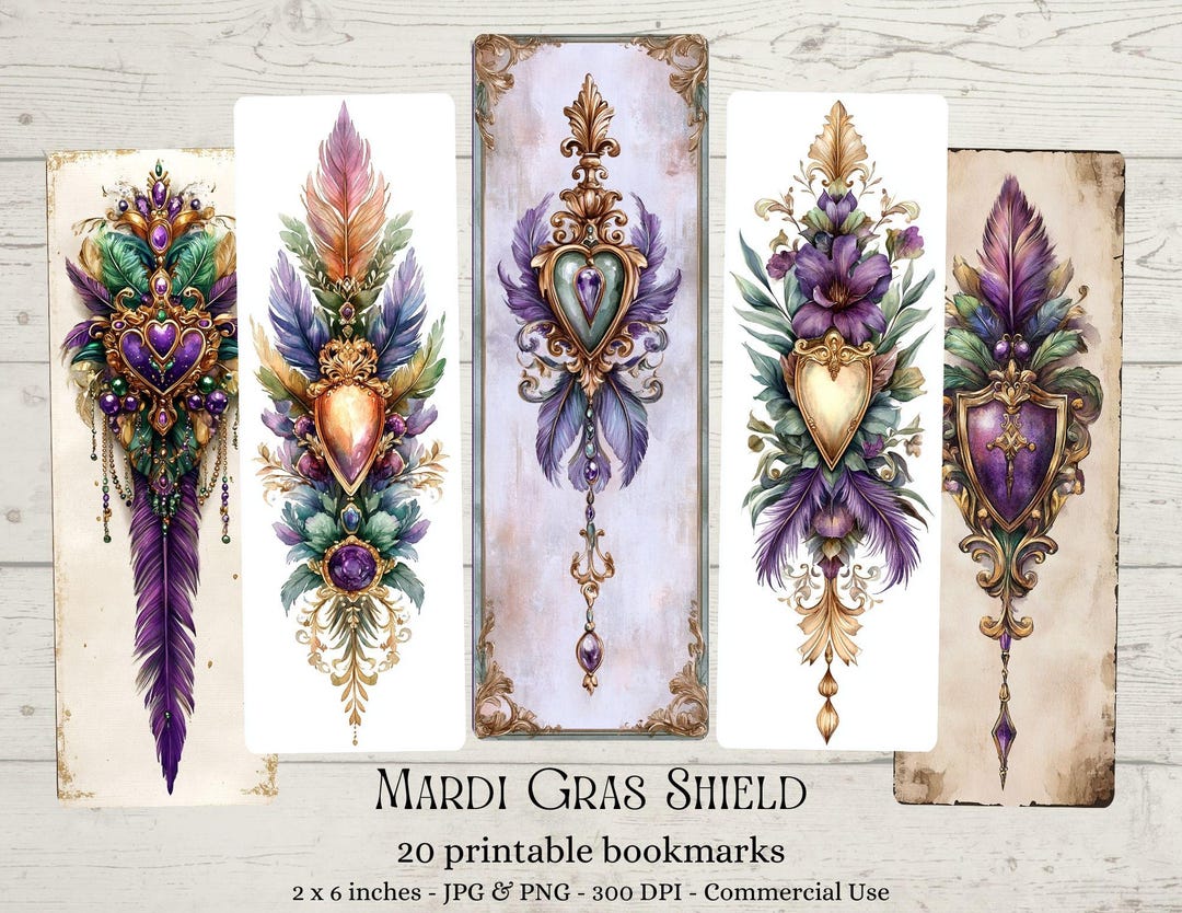 Mardi Gras Shield Crest Printable Bookmarks, 20 Watercolor Reading ...