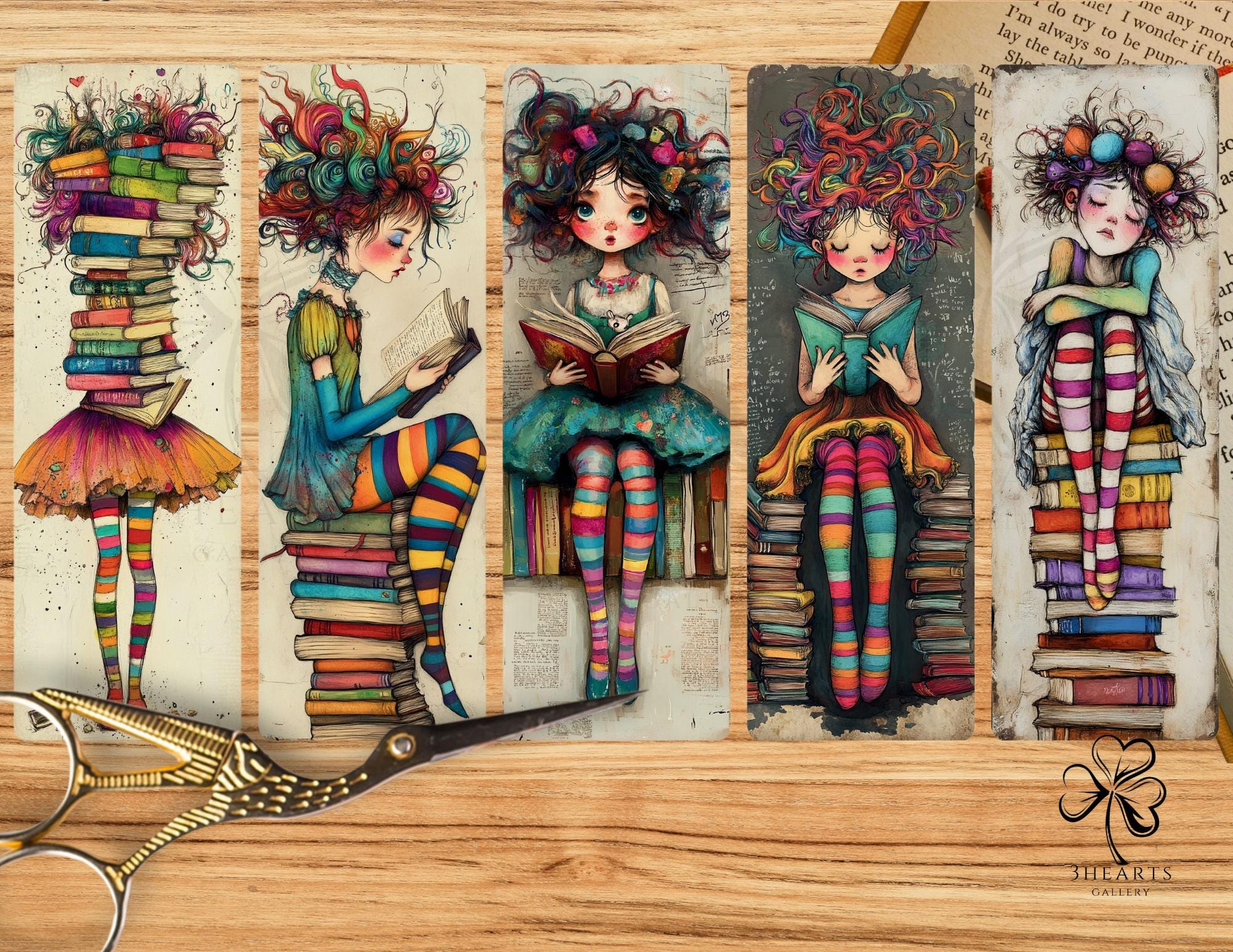 10 Whimsical Bookworm Girl Printable Bookmarks, Digital Download JPG ...