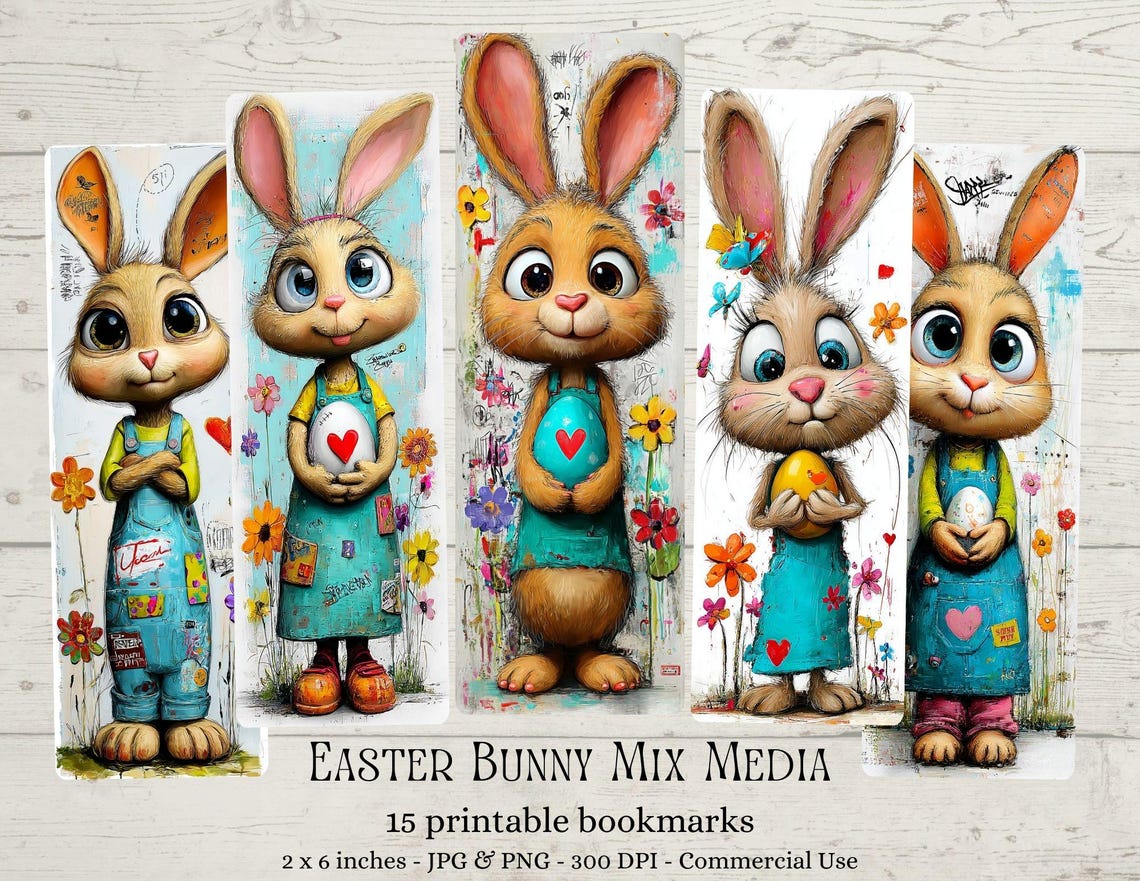 Easter Bunny Mix Media Printable Bookmarks, Download JPG Bookmark ...