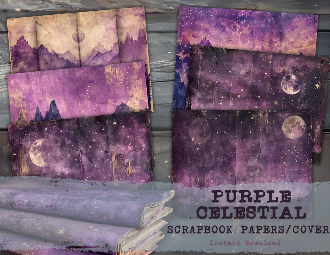 Celestial Purple Junk Journal Printable Papers, Sun Moon Star Pages ...